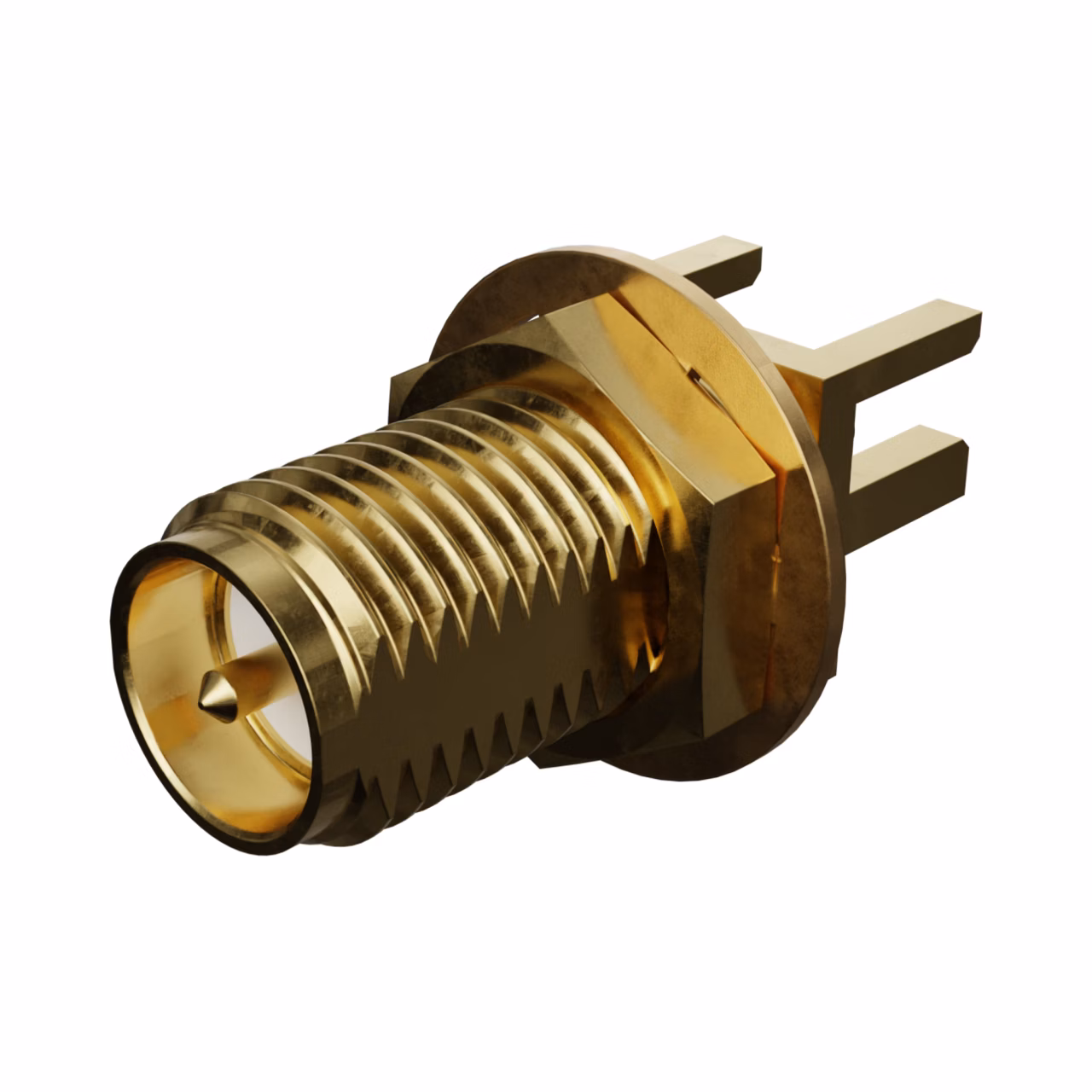 SMA Jack, Reverse Polarity, Straight, Bulkhead Receptacle, PCB, Edge Mount, Brass Body, Gold (Au) Plated, Nut and Lockwasher Included, Tray, 50 Ohms for sale