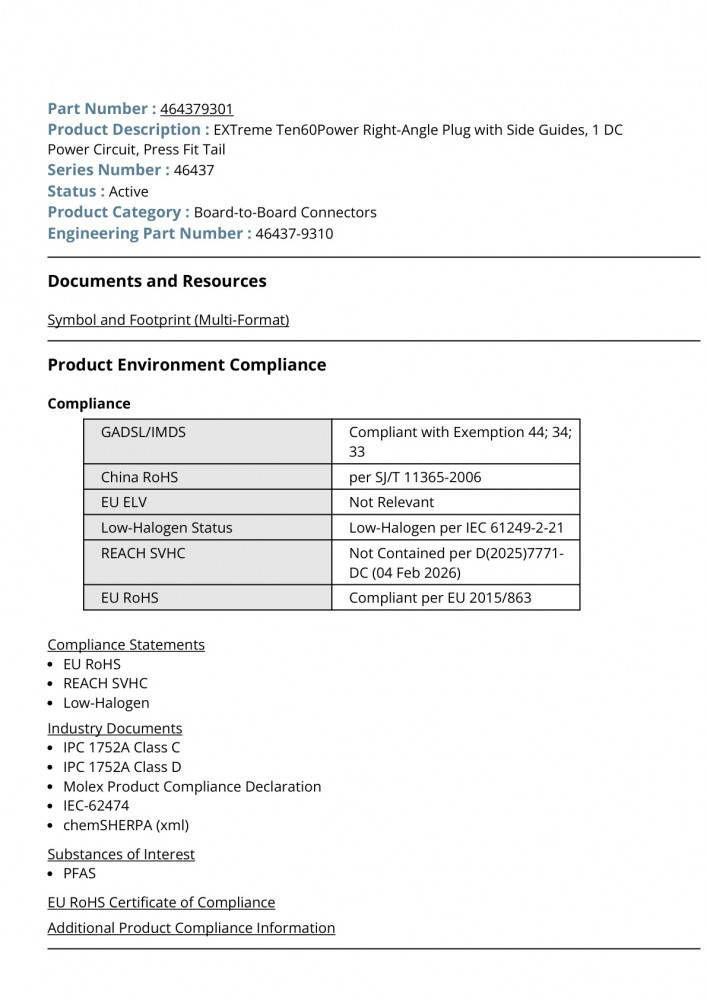 MOLEX 464379301 product document page 1
