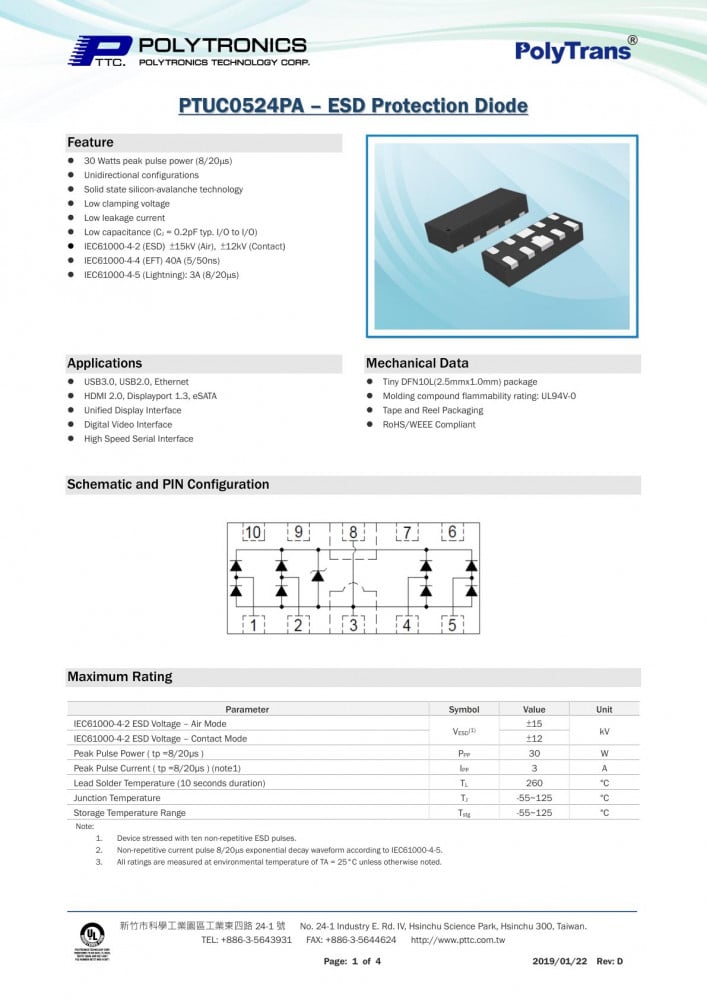 PTUC0524PA datasheet page 1