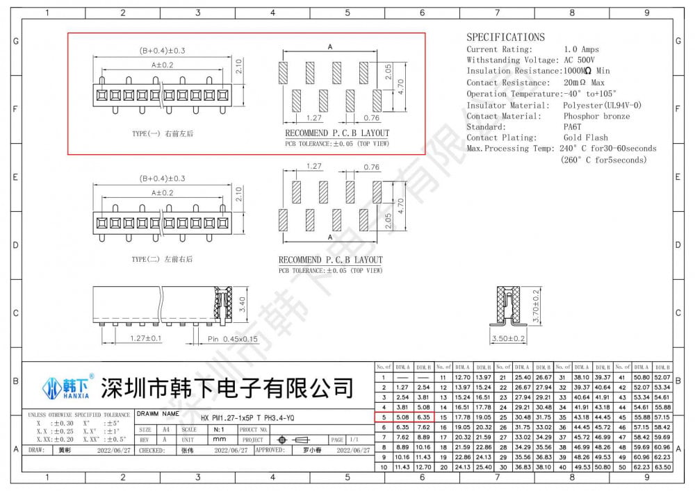 HANXIA HX PM1.27-1x5P T PH3.4-YQ product drawing