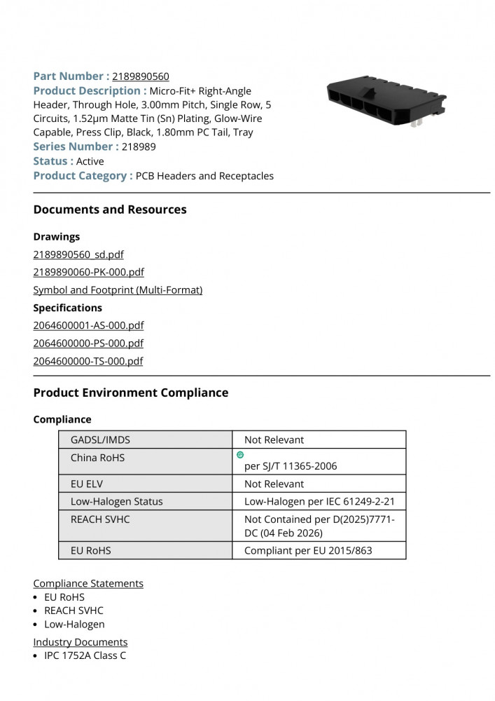 MOLEX 2189890560 technical document page 1