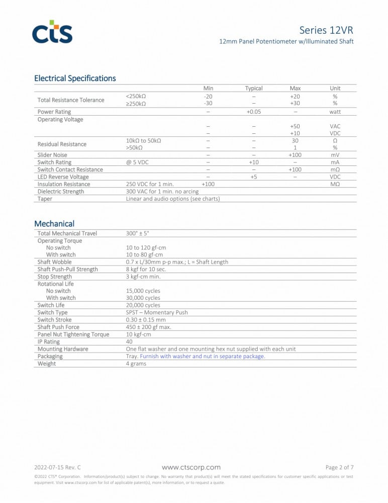 CTS 12VR datasheet page 2