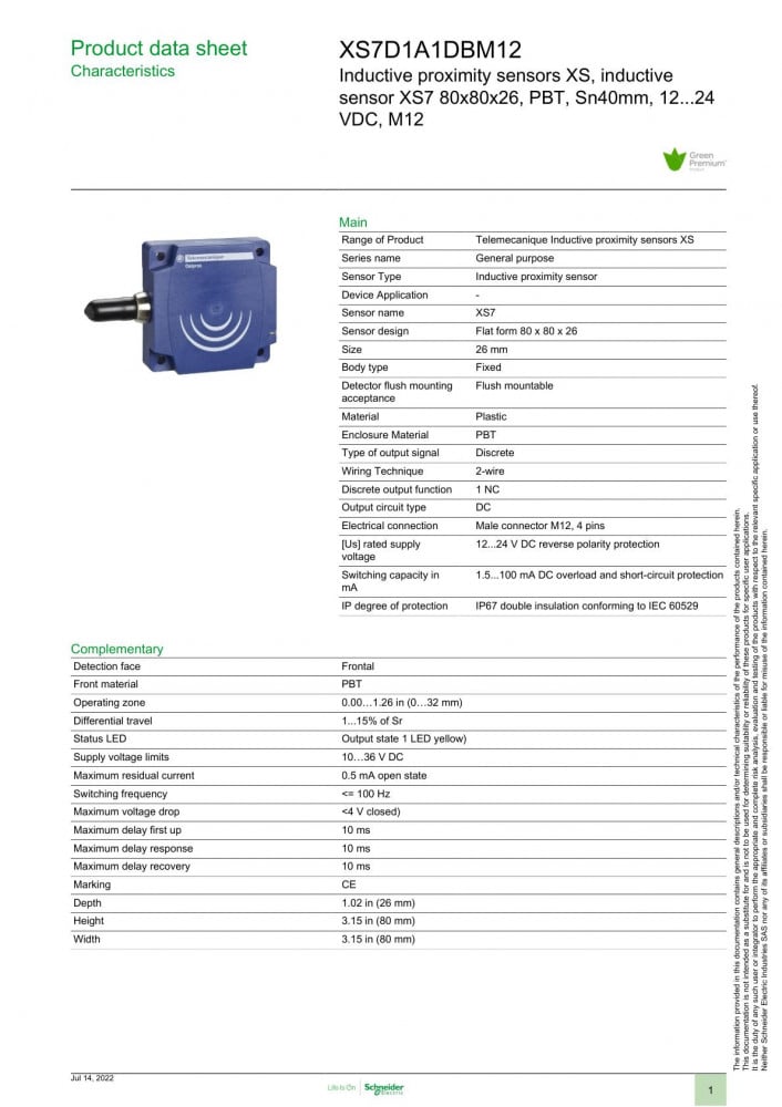 XS7D1A1DBM12 technical document page 1