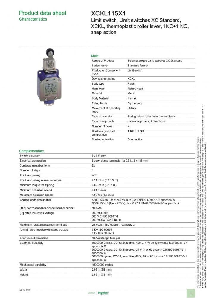 XCKL115X1 technical document page 1