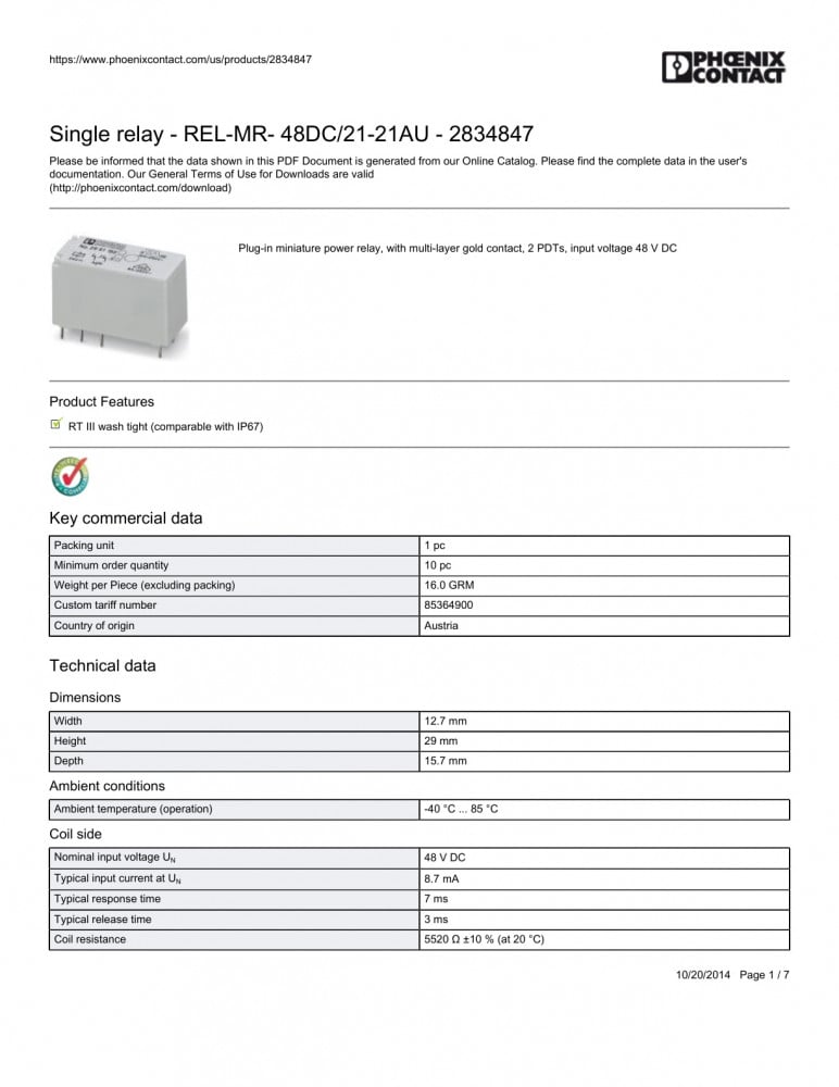 Phoenix Contact 2834847 product document page 1