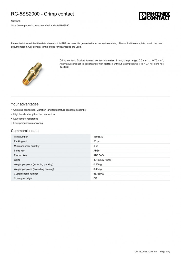 Phoenix Contact 1603530 technical document page 1