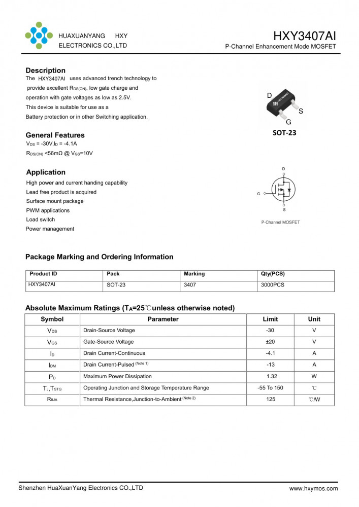 HXY3407AI datasheet page 1