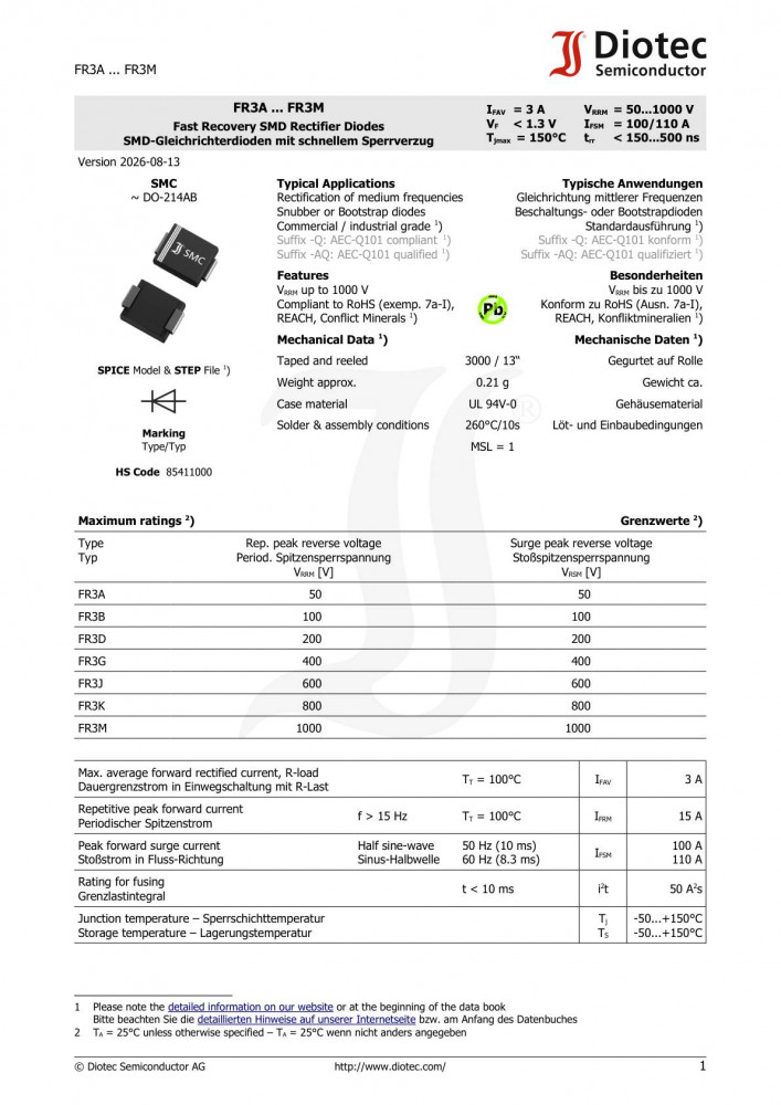 DIOTEC FR3A to FR3M fast recovery SMD rectifier diode datasheet page 1