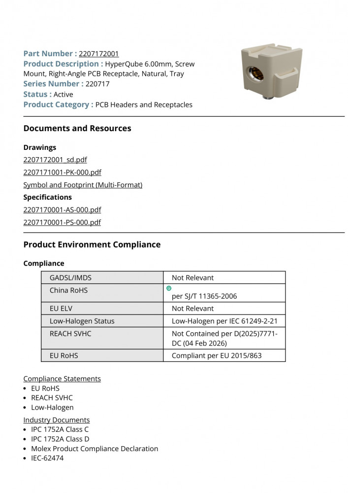 MOLEX 2207172001 technical document preview, page 1