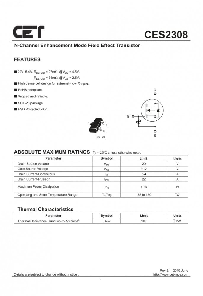 CES2308 datasheet page 1