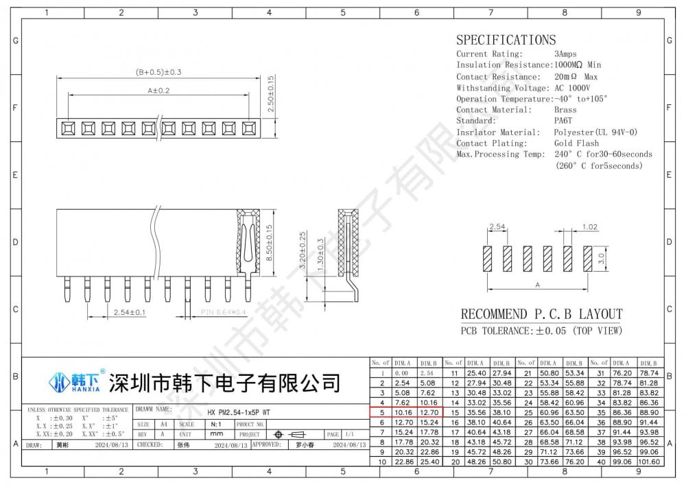 HX PM2.54-1x5P WT technical drawing preview