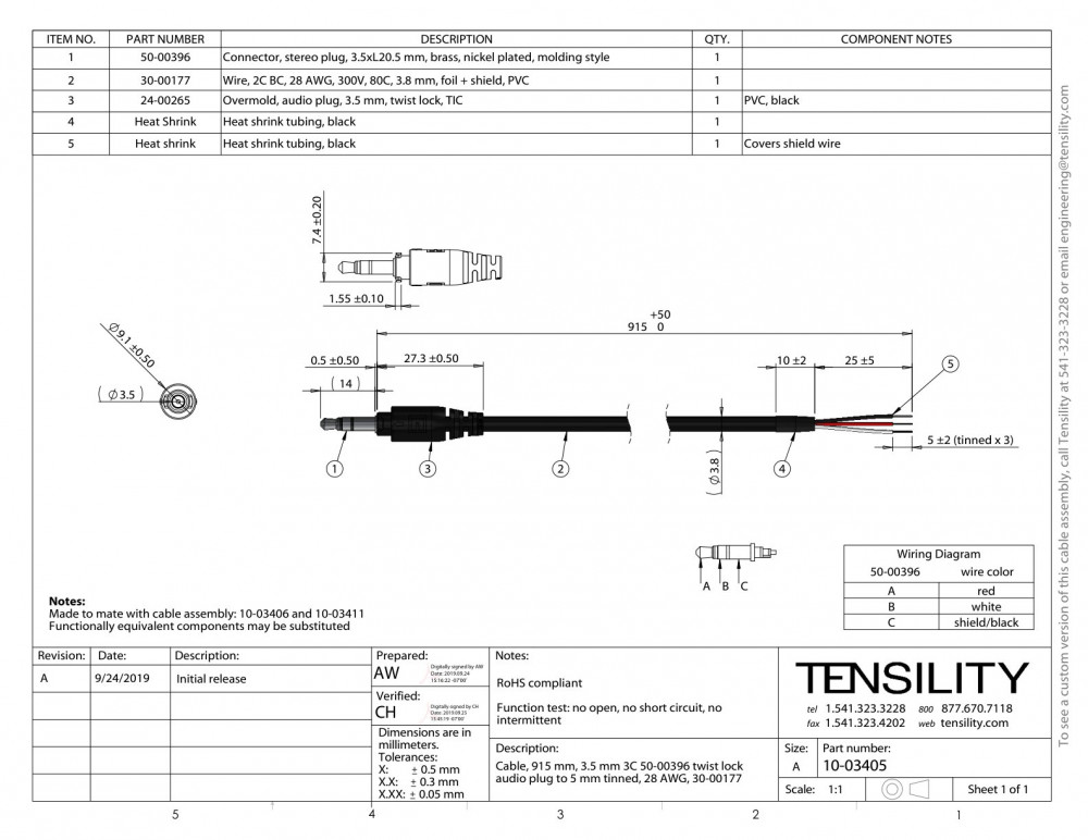 Technical drawing preview for Tensility International 10-03405 cable assembly