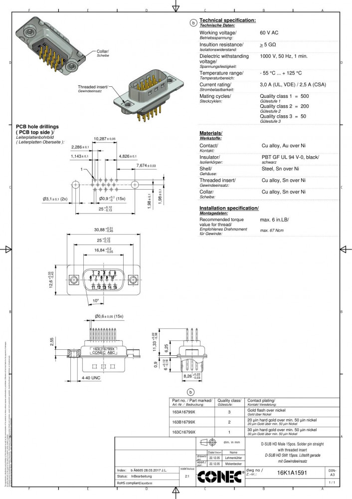CONEC 163A16799X D-SUB HD 15-position male connector drawing