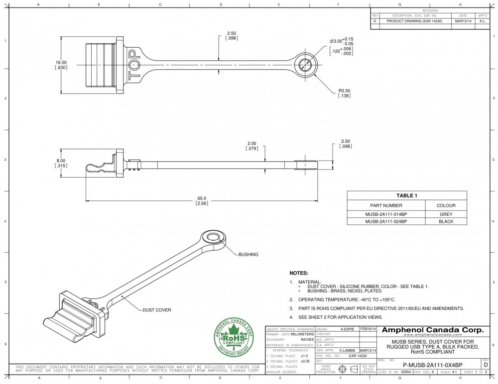 MUSB Series dust cover product drawing, sheet 1