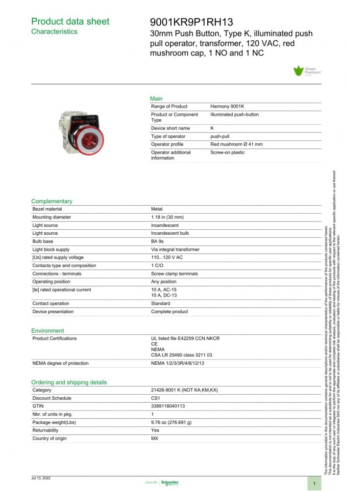 9001KR9P1RH13 technical document page 1