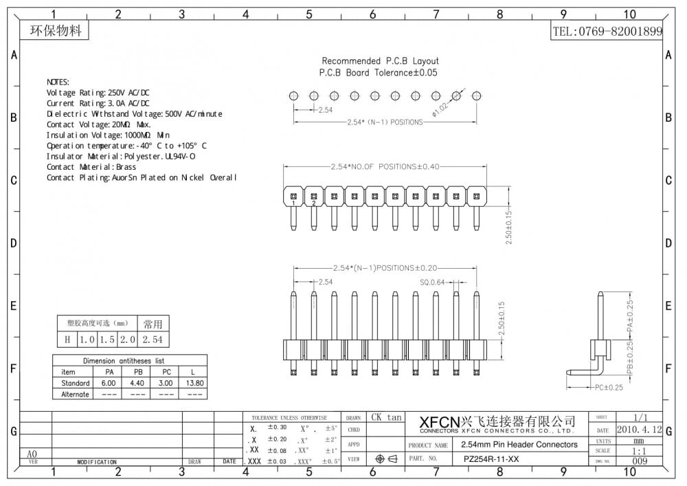 PZ254R-11-08P technical document page