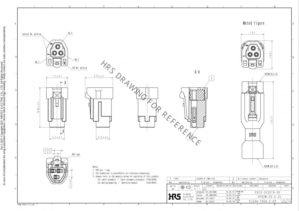 HRS DF62W-3S-2.2C technical drawing
