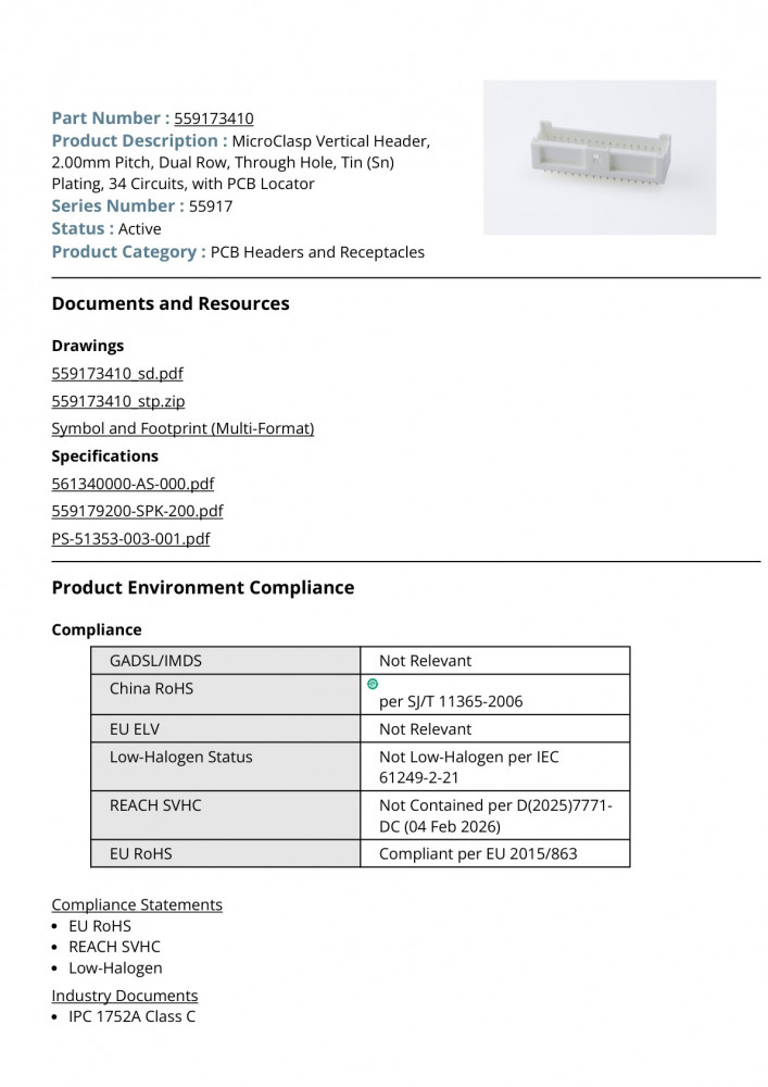 MOLEX 559173410 product document, page 1