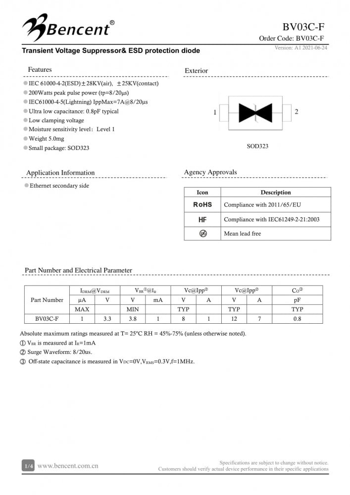 Bencent BV03C-F datasheet page 1