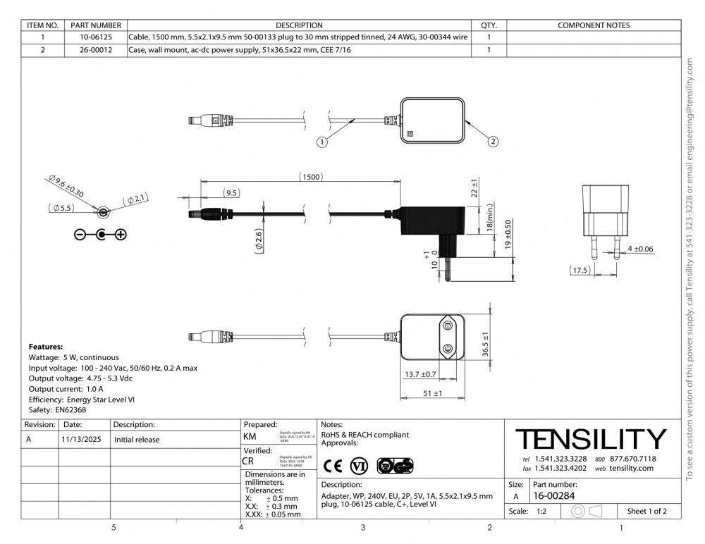 Tensility 16-00284 product drawing and specification page