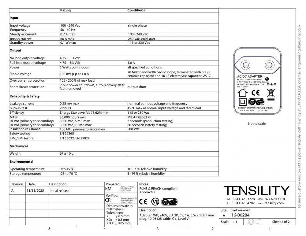 Tensility 16-00284 adapter label and additional document page