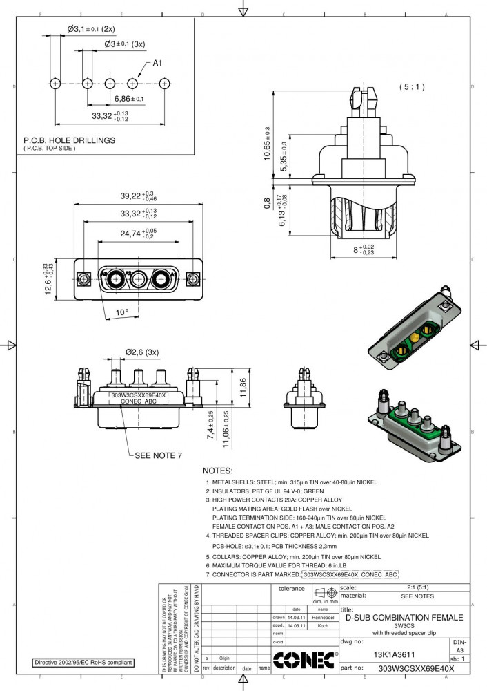 Conec 303W3CSXX69E40X D-Sub combination connector drawing preview