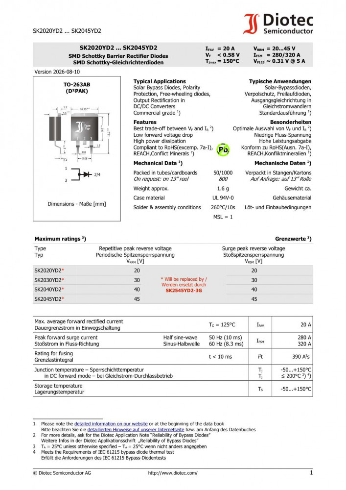 DIOTEC SK2020YD2 to SK2045YD2 datasheet page 1