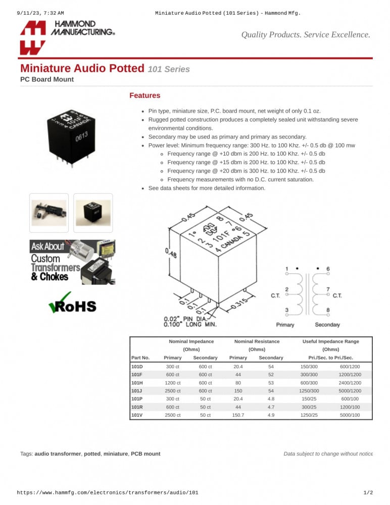 Hammond 101 Series datasheet page 1