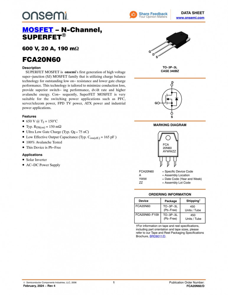FCA20N60 datasheet page 1