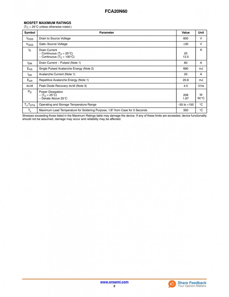 FCA20N60 datasheet page 2