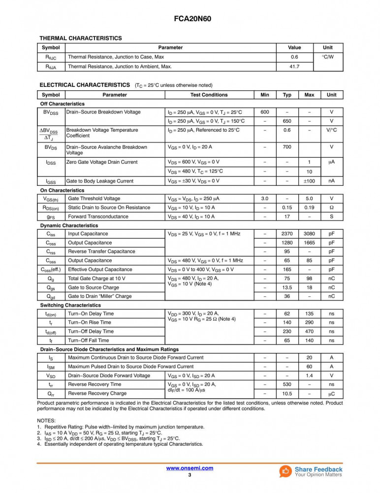 FCA20N60 datasheet page 3