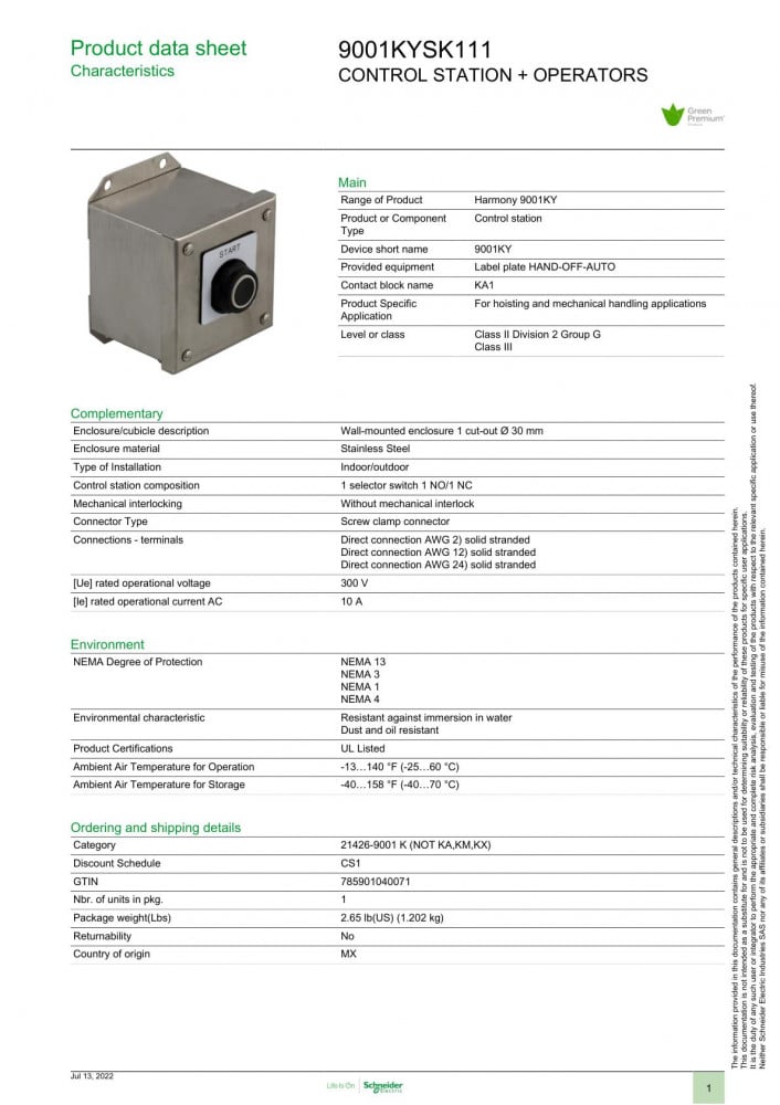 9001KYSK111 technical document page 1