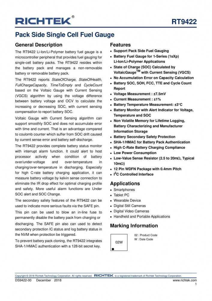 RT9422 technical document page 1