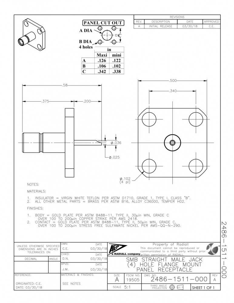 Radiall 2486-1511-000 SMB four-hole flange panel receptacle drawing
