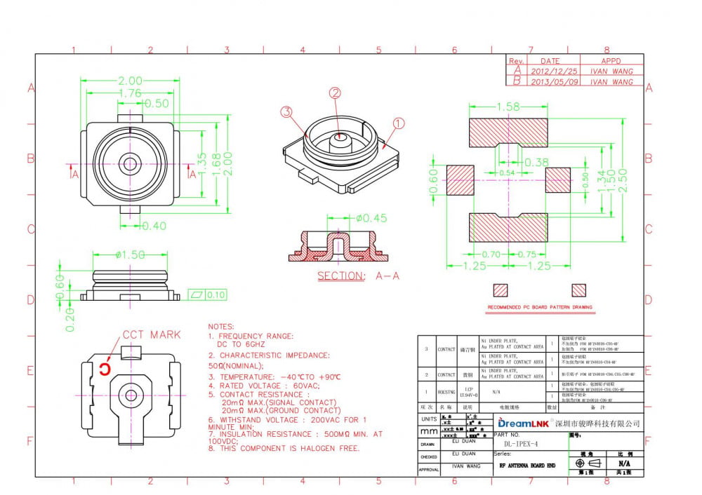 DreamLNK RF antenna board-end technical drawing