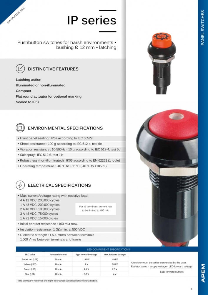 APEM IP series datasheet page 1