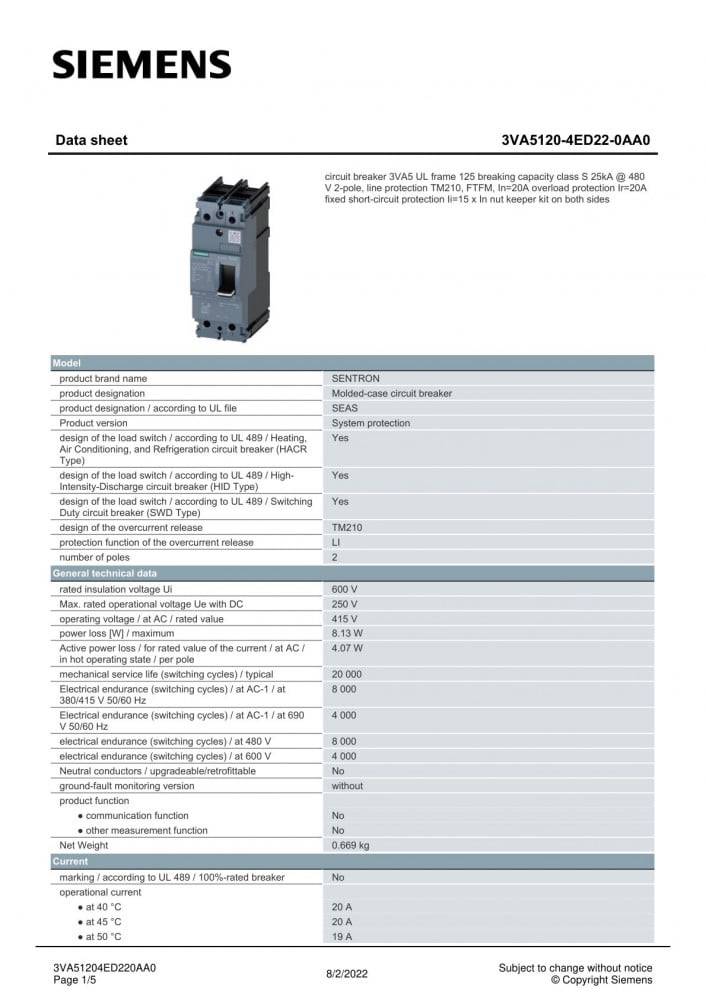 3VA5120-4ED22-0AA0 technical document page 1