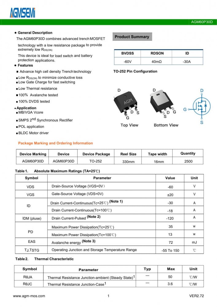 AGM60P30D datasheet page 1