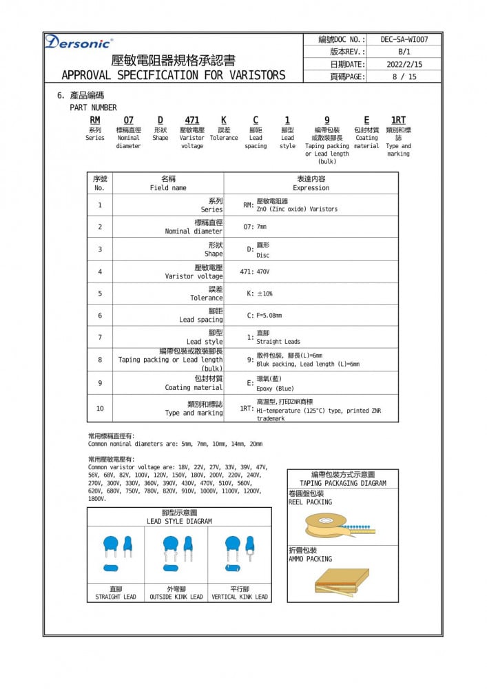 Dersonic varistor approval specification page 9