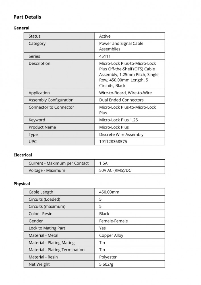 Technical document page 2 for MOLEX 451110505