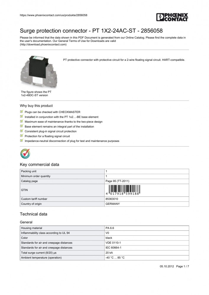 Phoenix Contact 2856058 technical document page 1