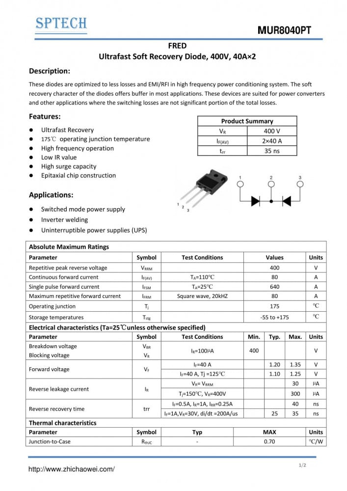 MUR8040PT technical document page 1