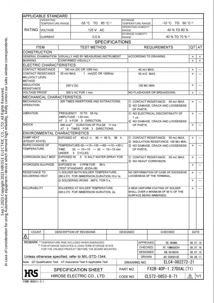 HRS FX2B-40P-1.27DSAL(71) specification sheet preview