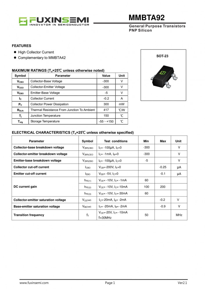 MMBTA92 datasheet page 1