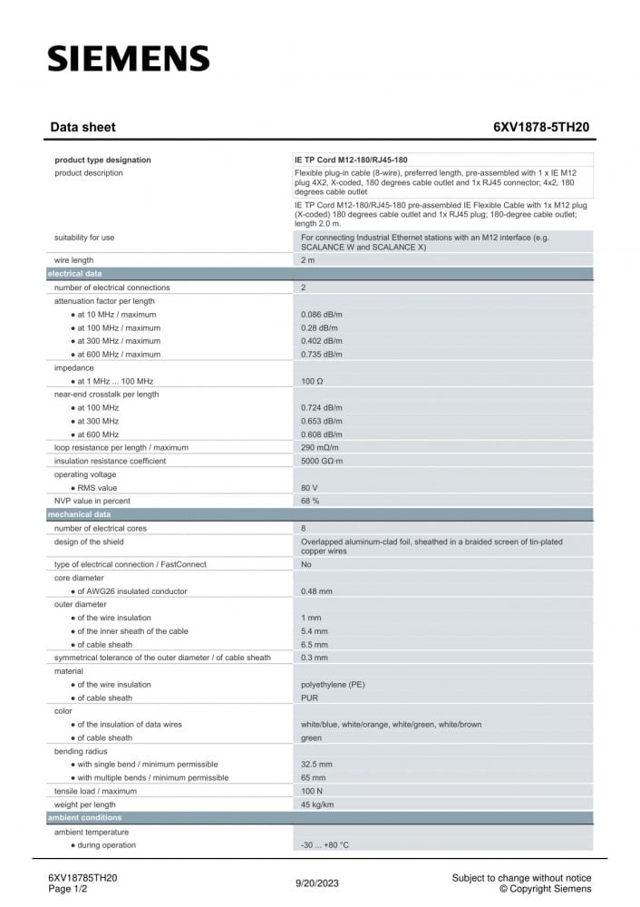 SIEMENS 6XV18785TH20 datasheet page 1