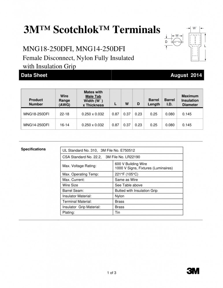 3M Scotchlok MNG14-250DFI technical document page 1
