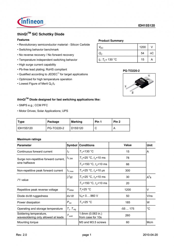 IDH15S120A datasheet page 1