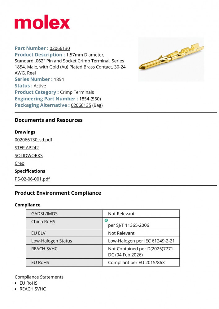 MOLEX .062 miniature pin terminals specification page 1