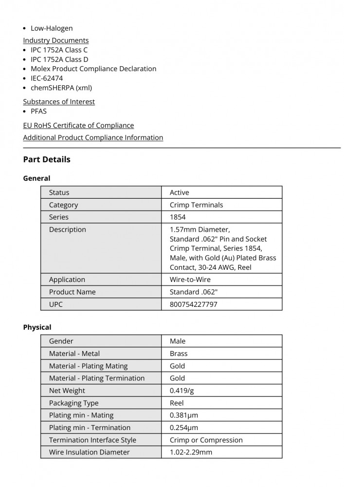 MOLEX .062 miniature pin terminals specification page 2