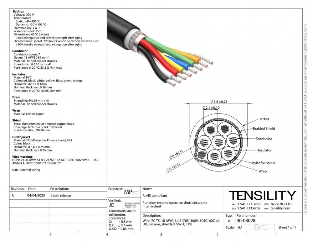 Tensility 30-03028 cable drawing and specification sheet